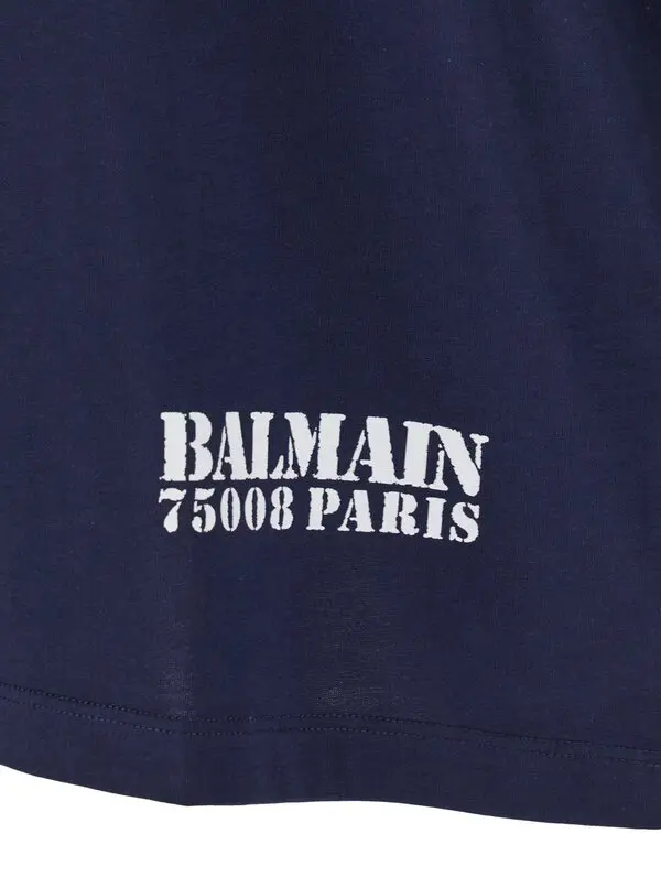 Balmain Blue Crewneck T-shirt With Logo Lettering Print On The Front In Cotton