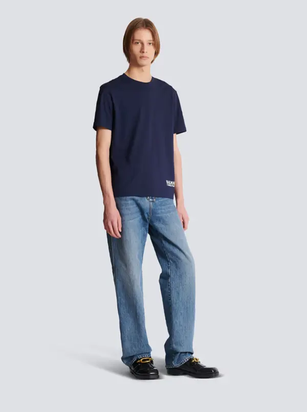 Balmain Blue Crewneck T-shirt With Logo Lettering Print On The Front In Cotton