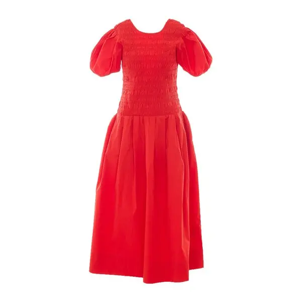 GANNI Smocked Cotton Dress With Puff Sleeves - Red