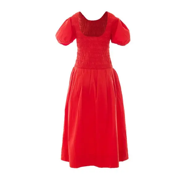 GANNI Smocked Cotton Dress With Puff Sleeves - Red