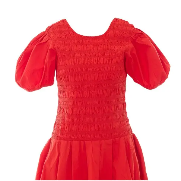 GANNI Smocked Cotton Dress With Puff Sleeves - Red