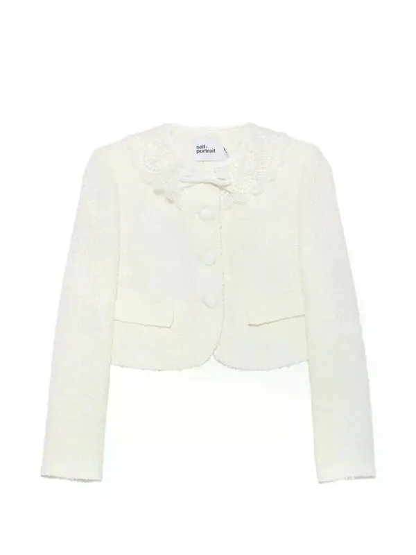 SELF-PORTRAIT Lace-trimmed Bouclé Cropped Jacket