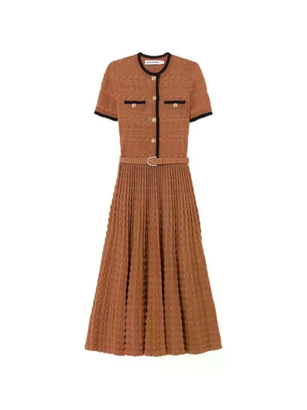 SELF-PORTRAIT Belted Crochet-knit Midi Dress - Brown