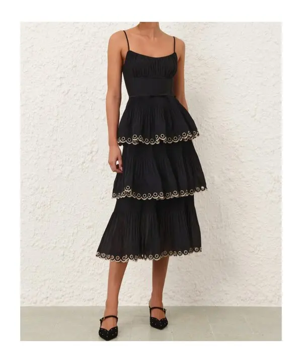 Zimmermann Embroidered Tiered Midi Dress - Black
