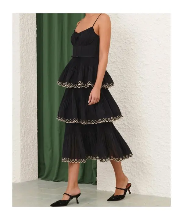 Zimmermann Embroidered Tiered Midi Dress - Black