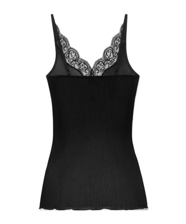 Saint Laurent Ribbed Lace Trim V-neck Tank Top - Black