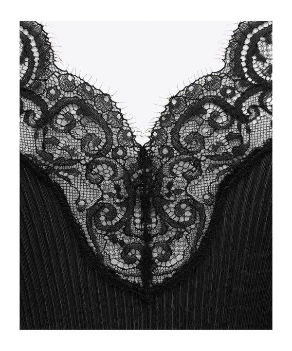 Saint Laurent Ribbed Lace Trim V-neck Tank Top - Black