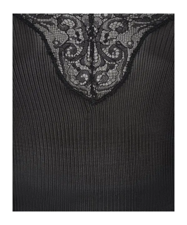 Saint Laurent Ribbed Lace Trim V-neck Tank Top - Black