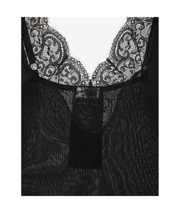 Saint Laurent Ribbed Lace Trim V-neck Tank Top - Black