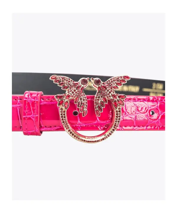 Pinko Galleria Thin Shiny Croc-print Belt With Love Birds Buckle - Pink