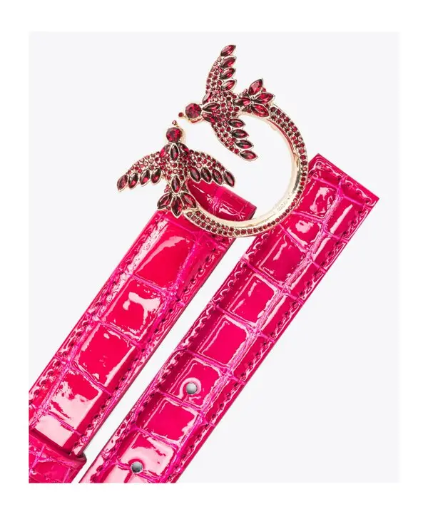 Pinko Galleria Thin Shiny Croc-print Belt With Love Birds Buckle - Pink