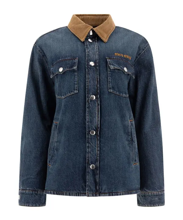Miu Miu Denim Down Jacket With Logo Detail - Blue
