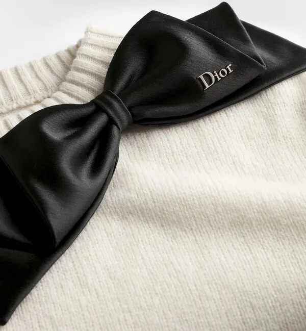 Dior Cropped Ribbed Sweater With Satin Bow - White
