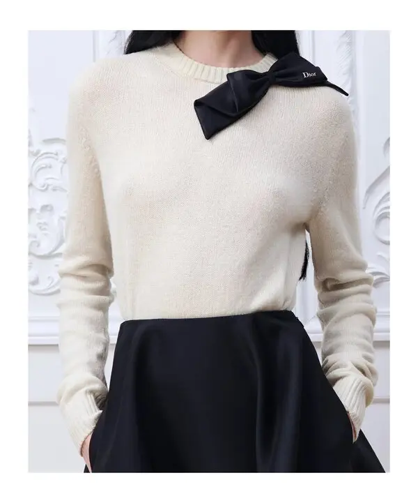 Dior Cropped Ribbed Sweater With Satin Bow - White