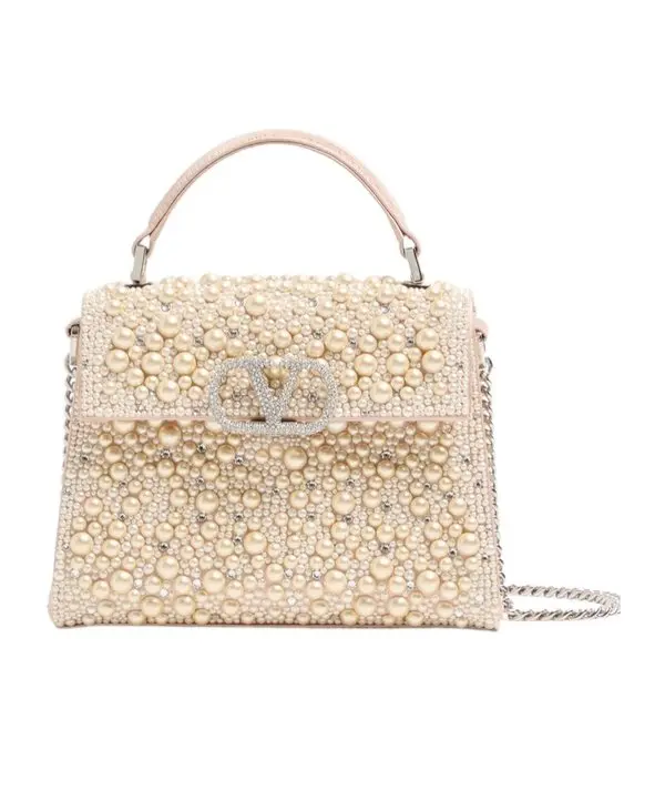 Valentino Garavani Mini Vsling Handbag With Pearls And Rhinestones - Nude
