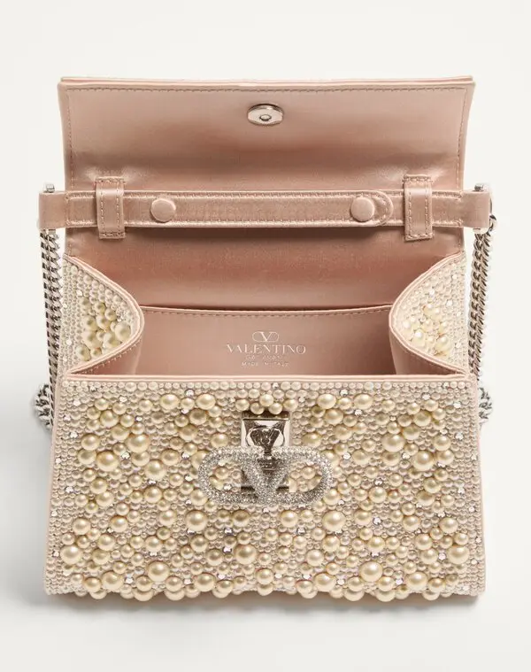 Valentino Garavani Mini Vsling Handbag With Pearls And Rhinestones - Nude
