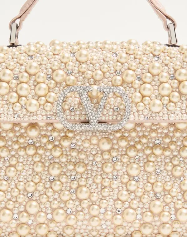 Valentino Garavani Mini Vsling Handbag With Pearls And Rhinestones - Nude