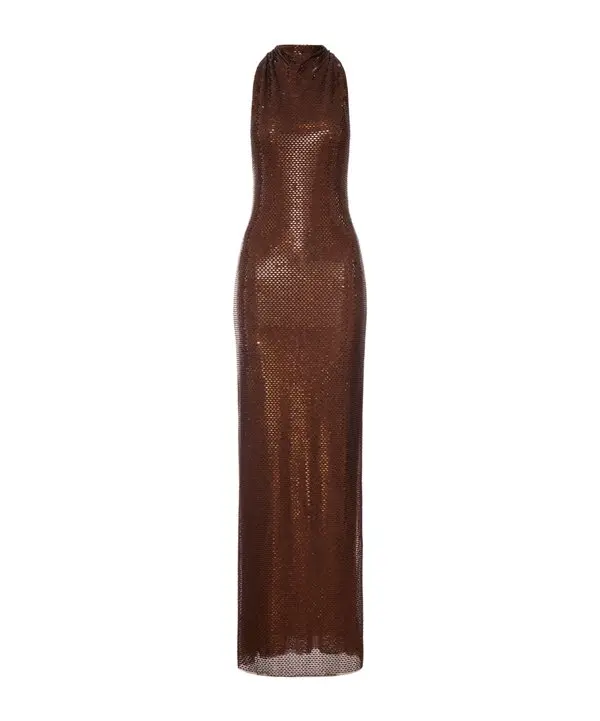 SELF-PORTRAIT Sequined Cowl Neck Maxi Dress - Brown