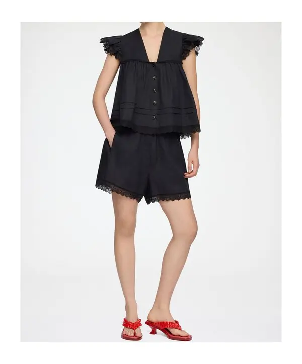 GANNI Linen Shorts With Lace Trim