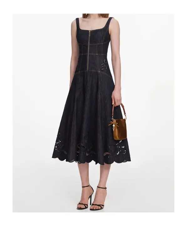 SELF-PORTRAIT Zip-front Denim Midi Dress With Cut-out Details