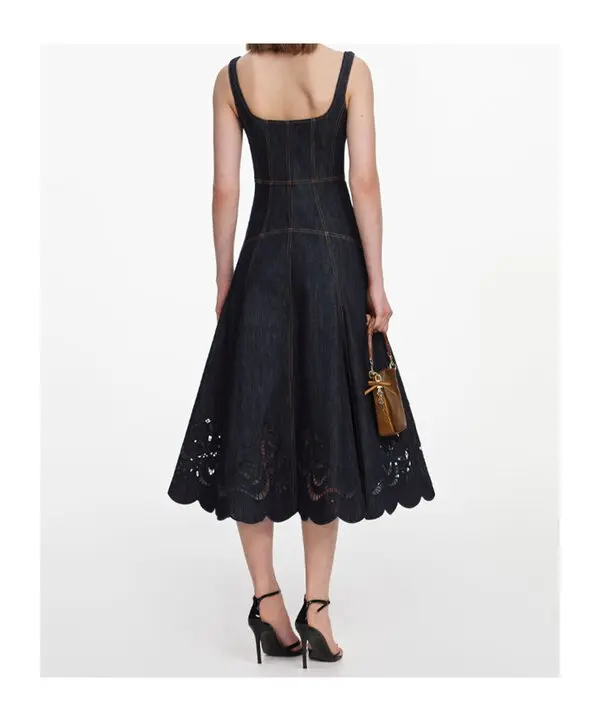 SELF-PORTRAIT Zip-front Denim Midi Dress With Cut-out Details
