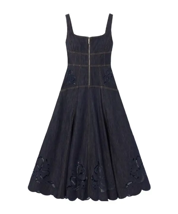 SELF-PORTRAIT Zip-front Denim Midi Dress With Cut-out Details - Indigo