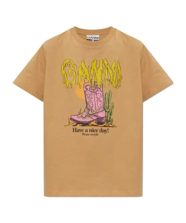 GANNI Graphic Print Cotton T-shirt - Beige