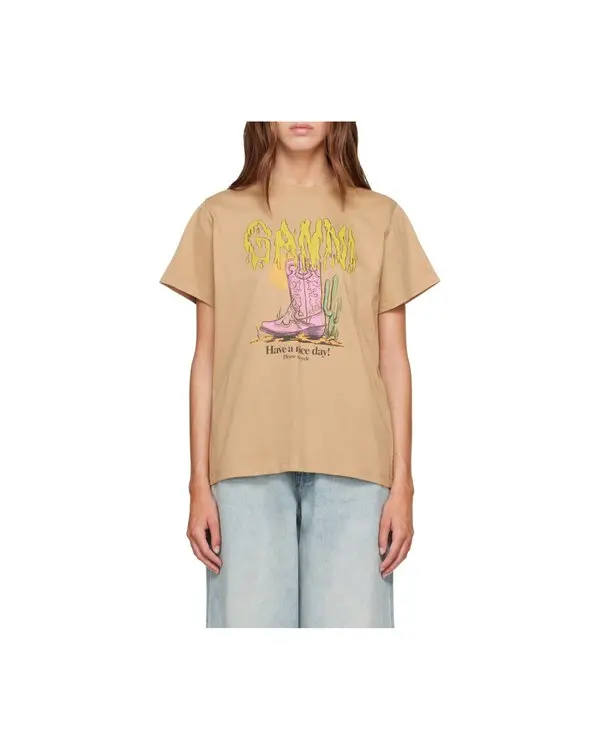 GANNI Graphic Print Cotton T-shirt - Beige
