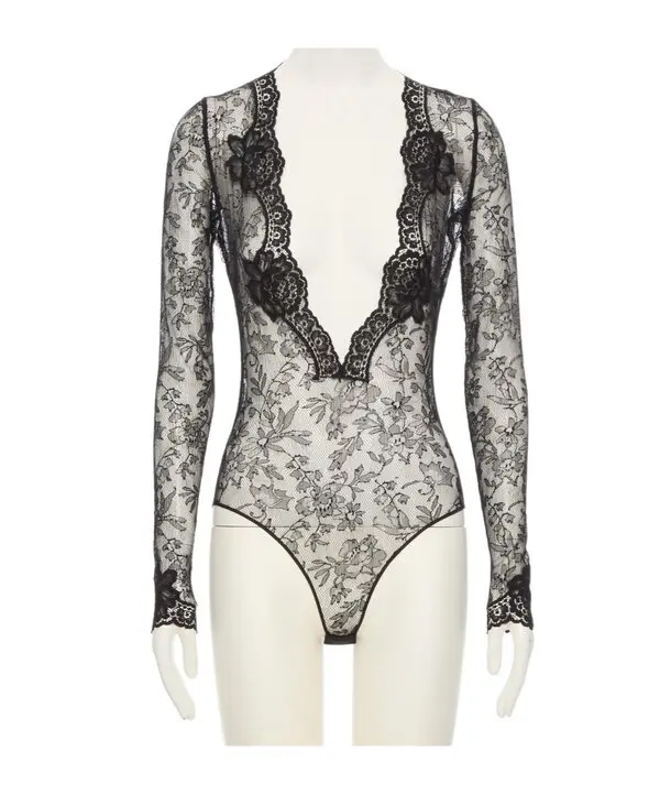Valentino Garavani Long-sleeved Lace V-neck Bodysuit