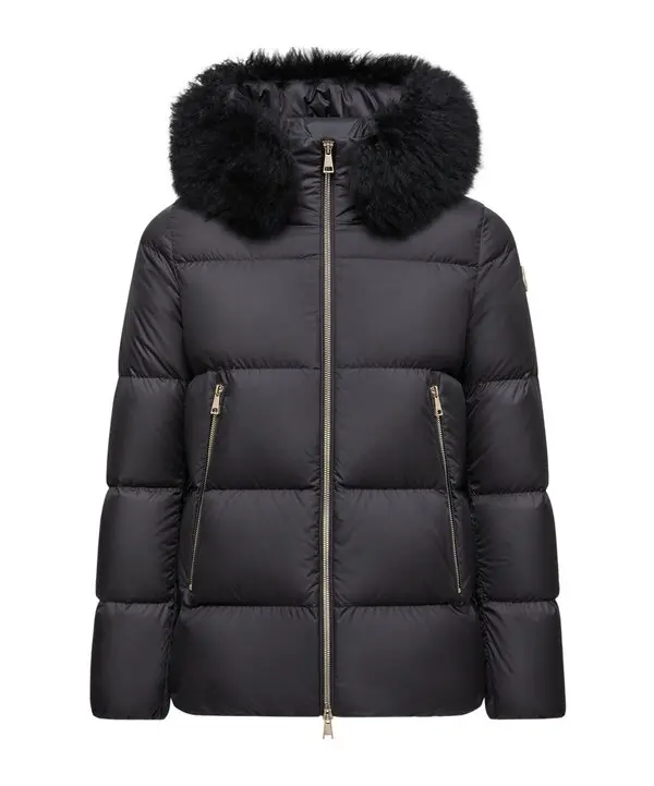 Moncler Laiche Fur Hooded Shearling-trimmed Short Down Jacket