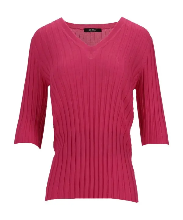 Lela Rose Ribbed V-neck Pullover With 3/4th Sleeves