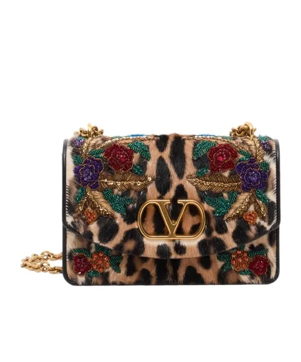 Valentino Garavani Vain Shoulder Bag In Embroidered Pony-effect Kidskin Leather - Brown