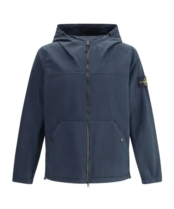 Stone Island Logo Patch Zip-up Hooded Jacket - Blue