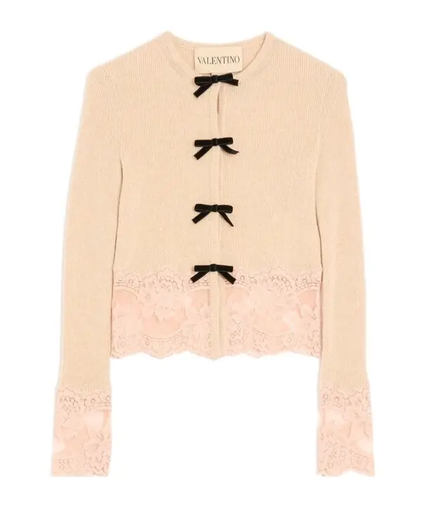 Valentino Garavani Ribbed Cardigan With Lace Trim And Bow Detail - No