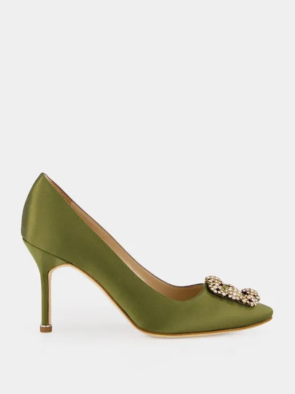 Manolo Blahnik Olive Satin Jewel Pumps - Green