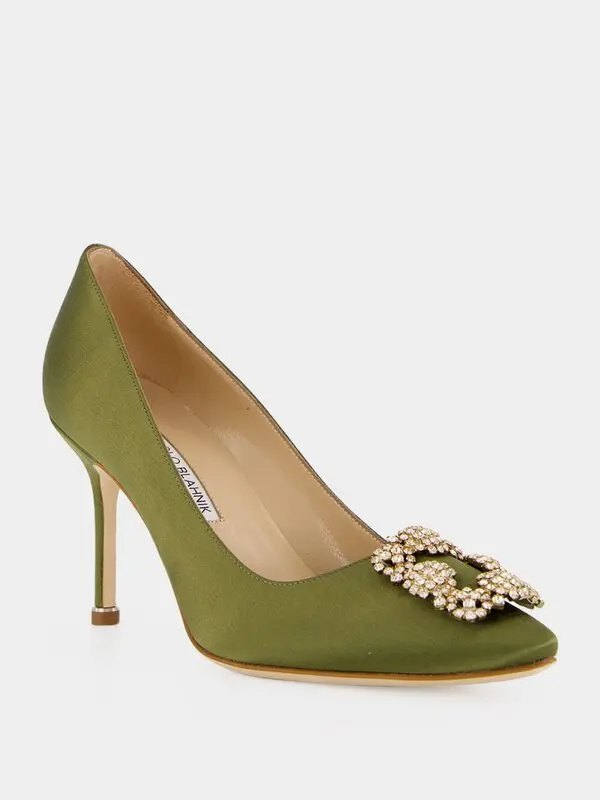 Manolo Blahnik Olive Satin Jewel Pumps - Green