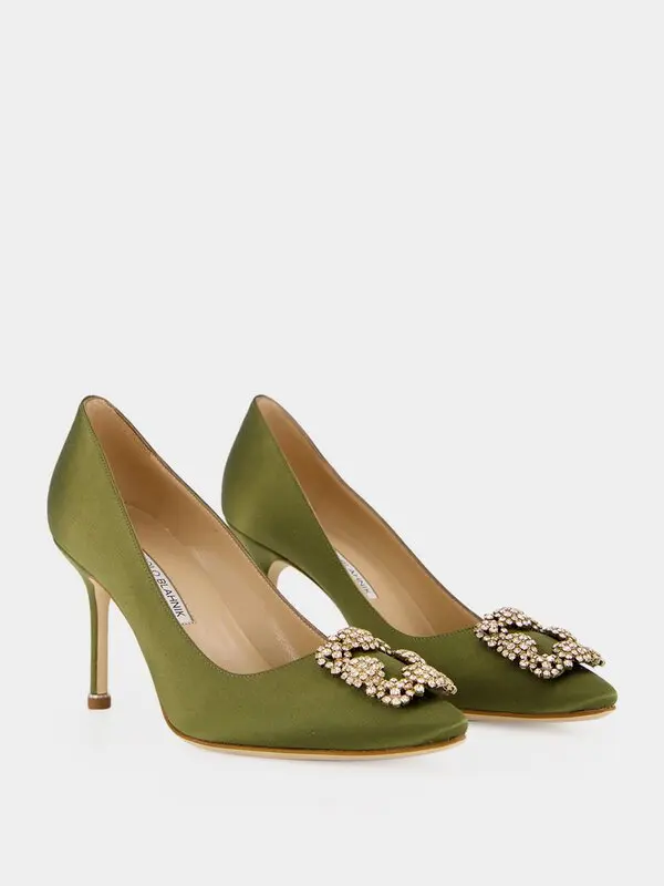 Manolo Blahnik Olive Satin Jewel Pumps - Green