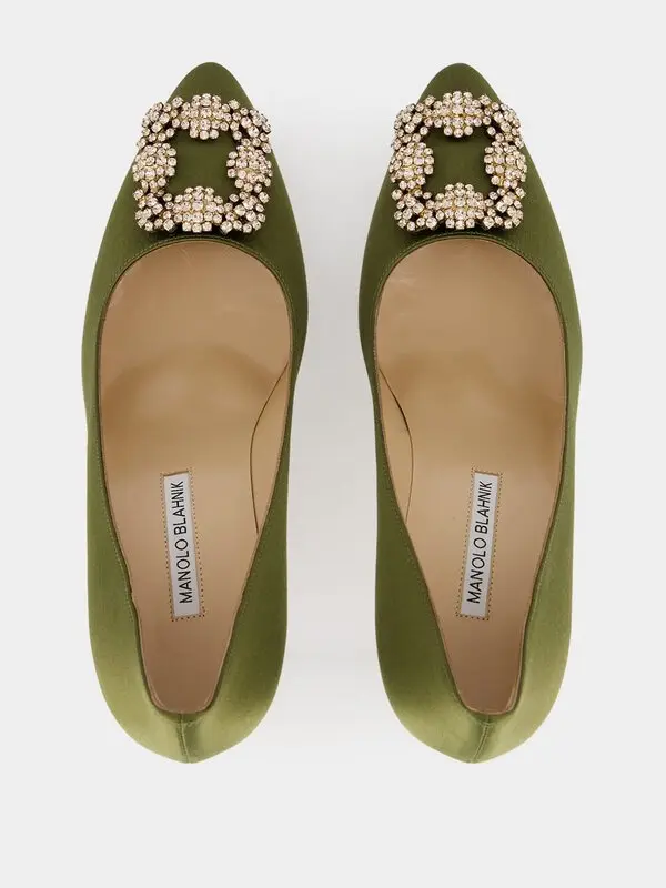 Manolo Blahnik Olive Satin Jewel Pumps - Green