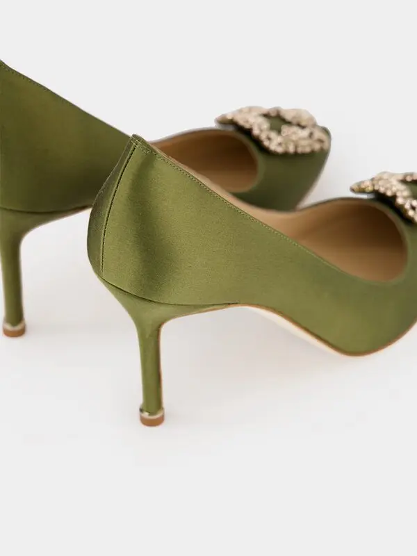 Manolo Blahnik Olive Satin Jewel Pumps - Green