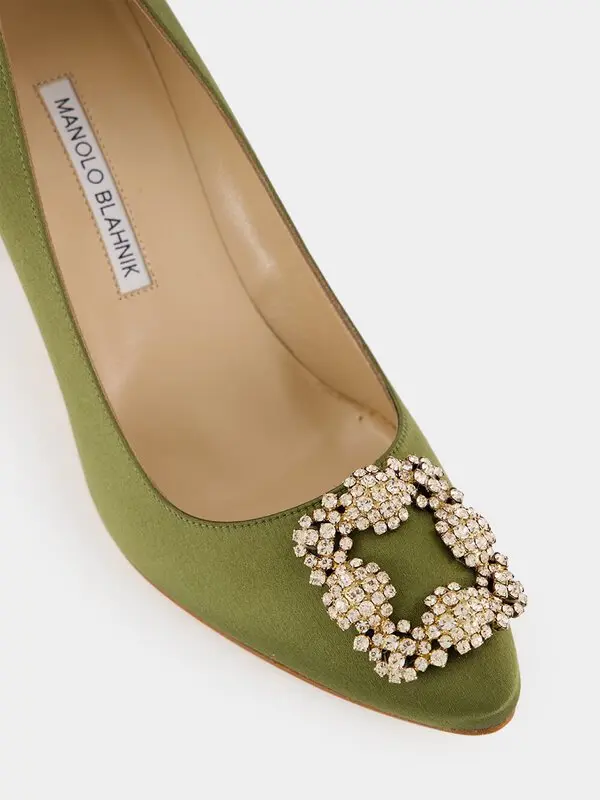 Manolo Blahnik Olive Satin Jewel Pumps - Green