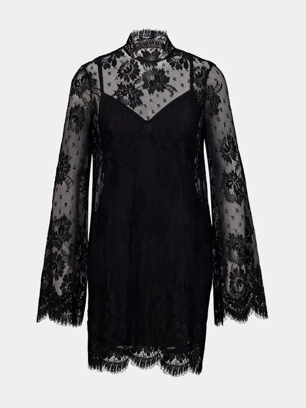 Dolce & Gabbana High Neck Lace Mini Dress - Black