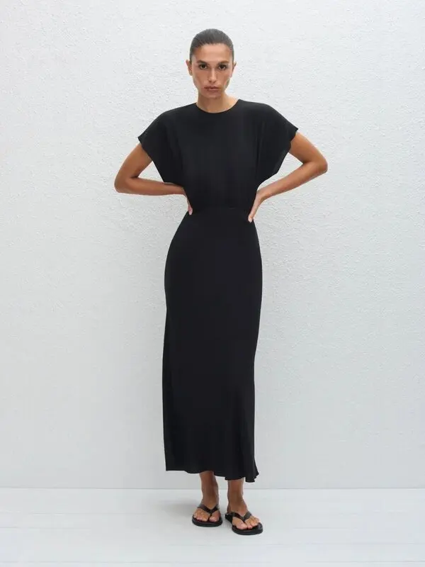 Matteau Bias Midi Tee Dress In Silk Crepe De Chine - Black