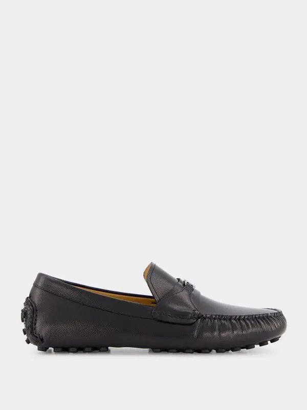 FERRAGAMO Gancini Ornament Driver Loafers In Hammered Calfskin - Black