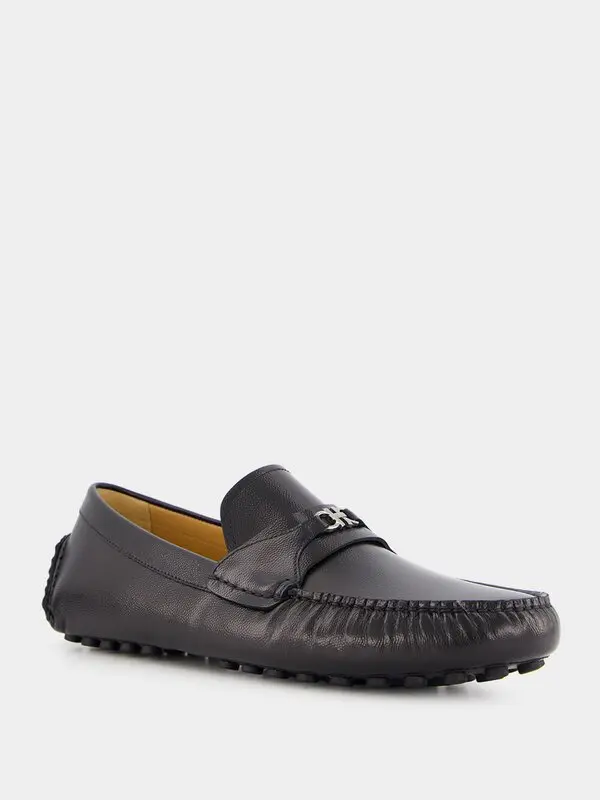 FERRAGAMO Gancini Ornament Driver Loafers In Hammered Calfskin - Black