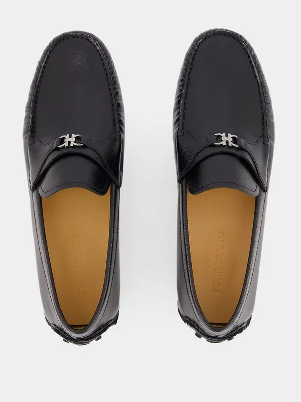FERRAGAMO Gancini Ornament Driver Loafers In Hammered Calfskin - Black