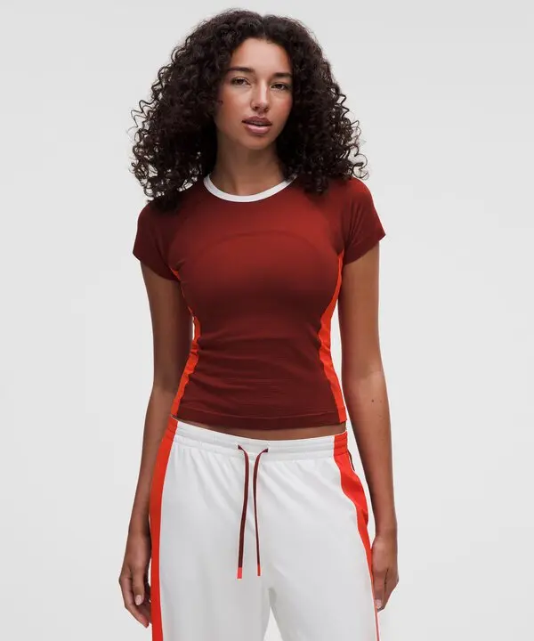 Lululemon Swiftly Tech Short-sleeve Shirt 2.0 Waist Length - Cranberry Charm/cherry Ember/white