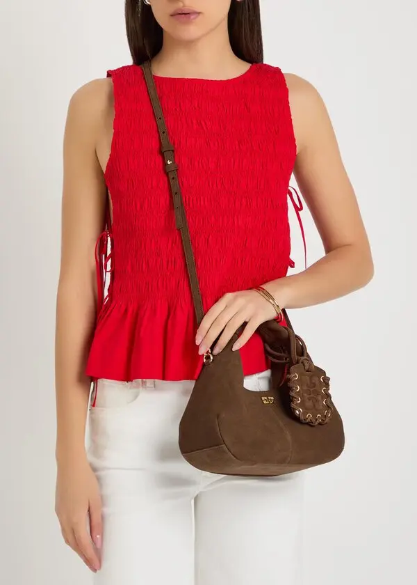 GANNI Suede Mini Logo Top Handle Bag - Brown