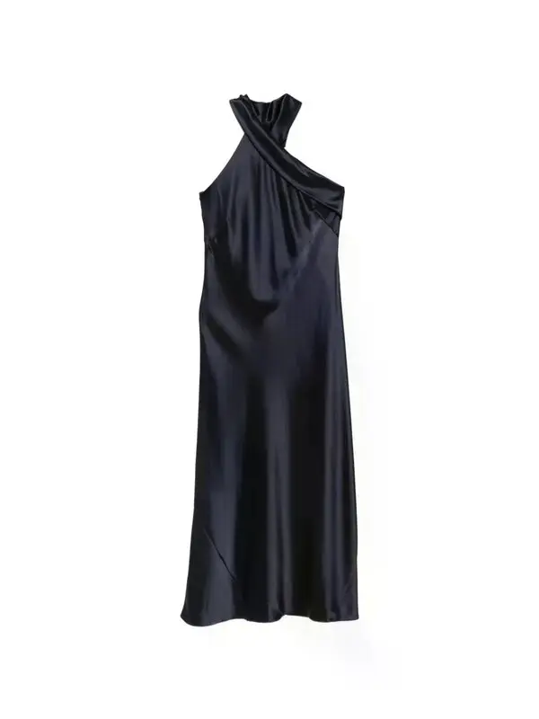 Galvan Midnight Satin Halterneck Midi Dress - Blue