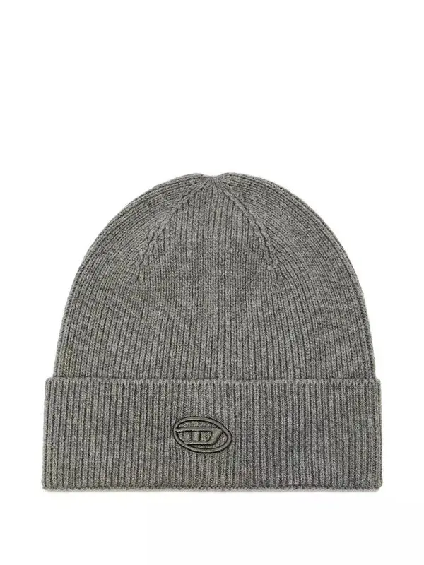 DIESEL® Ribbed-knit Embroidered Logo Beanie Hat - Grey