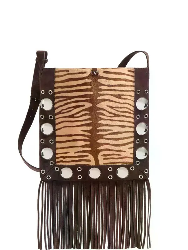 Valentino Garavani Nellcôte Shoulder Bag In Animalier Pony-effect Calfskin With Fringes - Brown